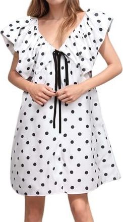 Generic Robe boh&egrave;me 2026 pour femmes, mini motif floral &agrave; volants, col haut, manches courtes, robe d&eacute;t&eacute; fluide, d&eacute;contract&eacute;e, blanc, blanc, M