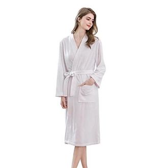 Generic Peignoir de bain en tissu &eacute;ponge pour femme - Couleur pure - Chaud - Avec ceinture et poches - Confortable et doux - Col en V - Pour lhiver, blanc, XL