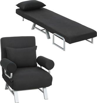 HOMCOM Fauteuil chauffeuse canap&eacute;-lit Convertible inclinable 1 Place Grand Confort Coussin lombaires accoudoirs pi&egrave;tement m&eacute;tal Lin Noir