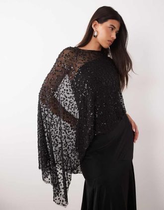Pretty Lavish verzierter transparenter Cape mit Perlen in Schwarz