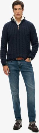 Superdry Klassischer Strickpullover aus Baumwolle in Marineblau mit Zopfmuster und halblangem Rei&szlig;verschluss