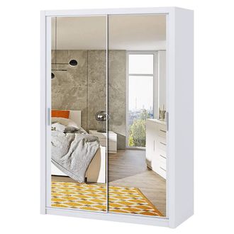 Selsey Rinker - Kleiderschrank/Schwebet&uuml;renschrank 2-t&uuml;rig optional mit Spiegel, 150 cm (Wei&szlig; Matt mit Spiegel)