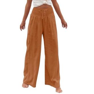 Generic Pantalon en Lin Femme &Eacute;t&eacute; D&eacute;contract&eacute; Fluide Pantalon en Lin pour Femmes Taille Haute Jambes Larges Coupe Ample D&eacute;contract&eacute; Plage Tendance avec Deux D
