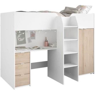 Parisot Lit combine mezzanine enfant - Decor blanc et chene - Sommier inclus - 90x200 cm - tom