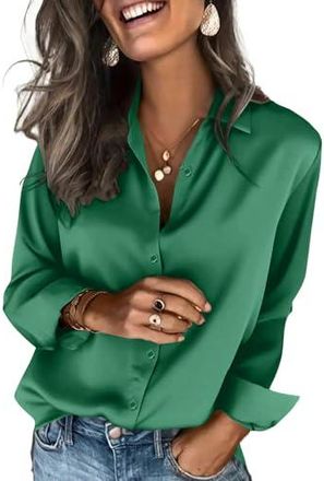 Generic Chemise Boutonn&eacute;e en Satin &agrave; Manches Longues pour Femme - Chemisier en Soie Chic et Elegant - Col en V - Style D&eacute;contract&eacute; pour Le Travail et Le Burea