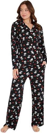Peanuts Snoopy Pyjama Femme Manches Longues Ensemble 2 Pi&egrave;ces Boutonn&eacute; V&ecirc;tements de Nuit Femme Hiver Id&eacute;e Cadeau (L, Noir)
