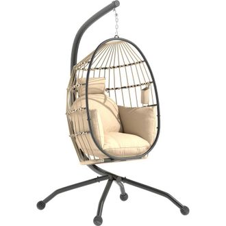 OUTSUNNY Fauteuil suspendu - fauteuil oeuf suspendu - panier pliable - &eacute;pais coussin - porte-gobelet - acier noir r&eacute;sine tissu kaki