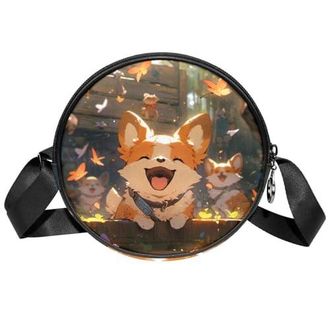 Generic Petit sac &agrave; bandouli&egrave;re Circle pour femme, petit sac &agrave; bandouli&egrave;re Corgi avec fermeture &eacute;clair, bretelles r&eacute;glables, sac &agrave; main rond d&eacute;contract&eacute; pour 