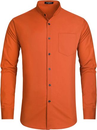 Hisdern Herrenhemden Langarm Orange Hemd Herren Ohne Kragen Bügelfrei Herren Freizeithemden Businesshemden Hochzeit Hemden Oberhemd Herren Große Größe für Hal