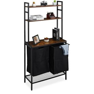 Relaxdays Meuble &agrave; linge, 2 compartiments extensibles, HxLxP: 162x80x34 cm, &eacute;tag&egrave;res, rangement v&ecirc;tements, noir - marron - Relaxdays