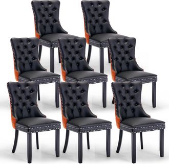 Generic Esszimmerstuhl-Set Aus Leder - Stühle Mit Hoher Rückenlehne, Knopfheftung Und Beinen Aus Massivholz(Leather-Black/Orange,8)