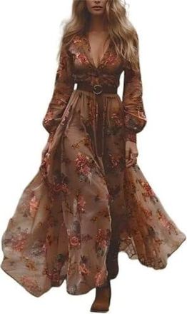 ORANDESIGNE Robe Longue Retro &agrave; Col en V et Manches Longues pour Femmes Robes en Mousseline de Soie Vintage Western Country Robe D&eacute;contract&eacute;e dautomne E Marron XX