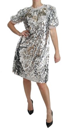 Dolce & Gabbana Sequined Crystal Shift Dress - Silver