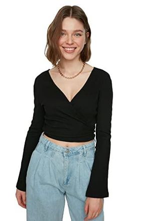 Trendyol Black Tick Craissile Crop Knitted Blouse, Noir, XL Femme
