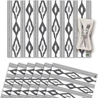 Vilber Mahon Platzsets aus Vinyl, waschbar, wasserdicht, schmutzabweisend, rutschfest, antihaftbeschichtet, hitzebeständig, Ikat-Mallorca-Stil, Bordüre, Grau
