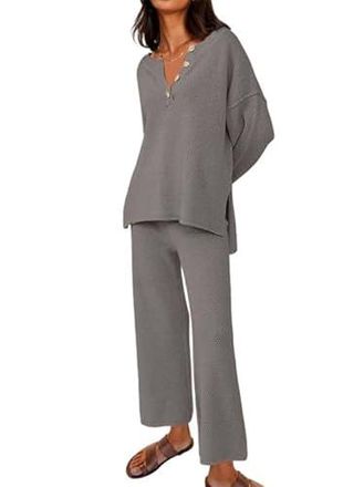Generic Ensemble chandail 2 pi&egrave;ces pour femme, coupe d&eacute;contract&eacute;e, pull en tricot &agrave; manches longues et pantalon &agrave; jambe large, rose, taille S, pour le quotidi