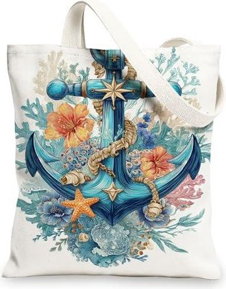 Generic Sacs en toile nautique - Motif ancre - Réutilisables - Fleurs de plage colorées - Légères et lavables, Avec couleur, 13x15 Inch