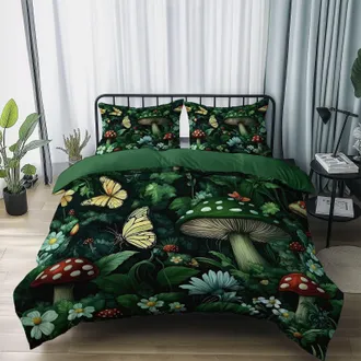 Generic Bettwäsche 200 x 200cm Grün Weich Mikrofaser Bettbezug Set mit Reißverschluss für Jungen Mädchen Erwachsene Bett Pflanzen Grüne Pilze Druck Bettbezug