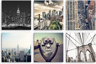 Paul Sinus Art 6 teilige Moderne Bilderserie je 20x20cm - New York Fernglas Skyline Brooklyn Bridge