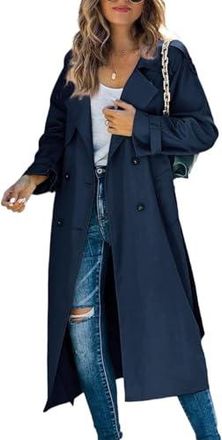 Generic Trench Long for femmes, pardessus d&eacute;contract&eacute; de couleur unie for lautomne et lhiver avec col &agrave; revers et manches longues(Navy blue,XXL)