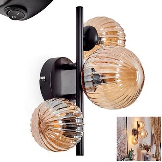 HOFSTEIN Wandleuchte Chehalis, Wandlampe aus Metall/Riffelglas in Schwarz/Bernstein, Leuchte im Retro/Vintage-Design mit Schirmen aus Glas (Ø 10, 12 cm) u. An/