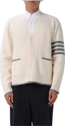 Thom Browne Homme, Pulls, Blanc, Taille: L Cardigan Classique en Maille avec Col en V et Détails de Poches
