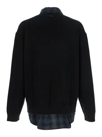 Juun.J Mens Black Sweater With Layered Design Cotton And Wool Blend Tops Top