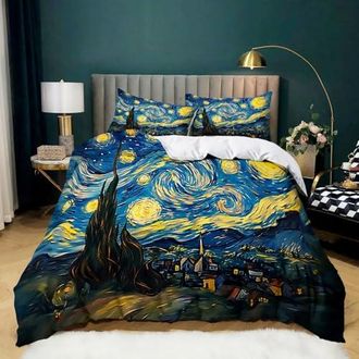 Generic Peinture lhuile Nuit &Eacute;toil&eacute;e Housse de Couette 180 x 200 cm, Peint Parure de Lit avec Fermeture &Eacute;clair - Microfibre Doux Housse de Couette avec 2 Taie