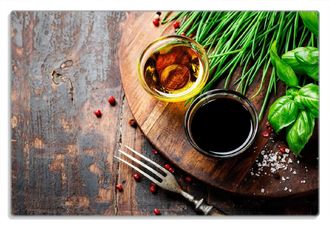 Wallario Fr&uuml;hst&uuml;cksbrettchen aus Glas, Glasunterlage, Glasbrettchen Kr&auml;uter, &Ouml;le und Gew&uuml;rze auf einem Holzbrett, Gr&ouml;&szlig;e 20 x 30 cm, Sicherheitsglas