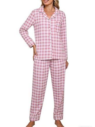 Minetom Ensembles de Pyjama Femme 2 Pi&egrave;ces Bouton V&ecirc;tements de Nuit &Agrave; Carreaux Manches Longues Col V Chemise et Pantalon Style A 34