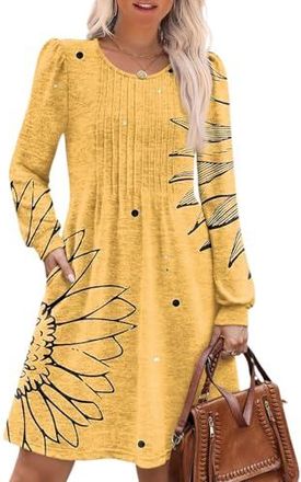 Generic Robe de chambre gaufr&eacute;e de style boh&egrave;me pour femme, mini robe &agrave; manches longues, robe trap&egrave;ze d&eacute;contract&eacute;e, fluide avec poches lat&eacute;rales, robe moulant