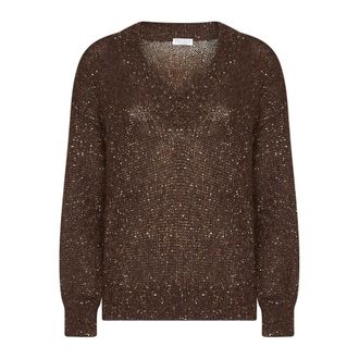 Brunello Cucinelli Femme, Pulls, Brun, Taille: 40 FR Pull col V c&ocirc;tel&eacute;
