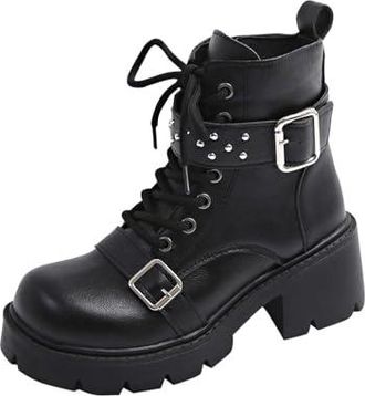 Generic Bottes &agrave; lacets en similicuir pour femme - Style moto - Fermeture &eacute;clair lat&eacute;rale - Talon &eacute;pais - Confortables - Pour f&ecirc;te en plein air, Noir, 36.5 EU