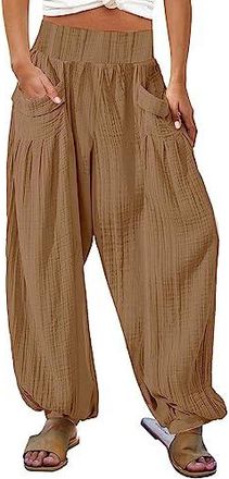 Generic Pantalon baggy décontracté en coton et lin pour femme - Coupe ample - Jambe large - Pantalon de jogging - Pantalon sarouel à enfiler - Confortable - S