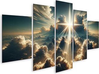 Islandburner Leinwandbild Ruhige Jesus Christus Figur traditionell Kreuz Sonnenstrahl Durchbruch - Leinwand 170x80cm - 5 Teile