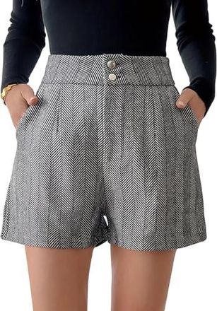 ORANDESIGNE Short Femme Hiver Shorts Taille Haute Pliss&eacute; Dur Le Devant en Tweed Textur&eacute; Short &Eacute;l&eacute;gant avec Poches A Gris XL