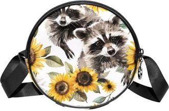 Generic Petit sac &agrave; bandouli&egrave;re circulaire pour femme, motif tournesol raton laveur avec fermeture &eacute;clair, bretelles r&eacute;glables, sac &agrave; main rond d&eacute;contract&eacute; po