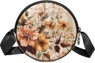Generic Sac &agrave; bandouli&egrave;re rond pour femme, motif fleurs de musique, petit sac &agrave; dos &agrave; bandouli&egrave;re avec fermeture &eacute;clair, bretelles r&eacute;glables, sac &agrave; main rond 