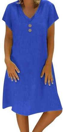 Generic Robe en Lin Femme été Elegante Manches Courtes Ete Legere Dress Couleur Unie Plissée avec Poches Casual Sundress Longue Sundress Grande Taille Robes e