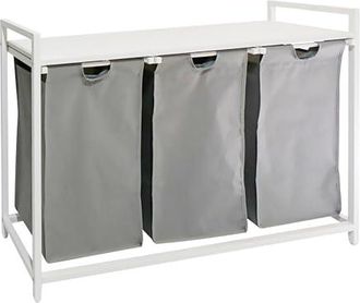 Relaxdays W&auml;schesammler mit 3 W&auml;sches&auml;cke, 150 L, Holzoptik Ablage, HBT: 73,5 x 109,5 x 33 cm, W&auml;schekorb, grau/wei&szlig;