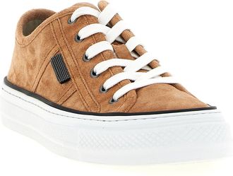 Brunello Cucinelli Suede with Shiny Tab Detail Sneaker - tan