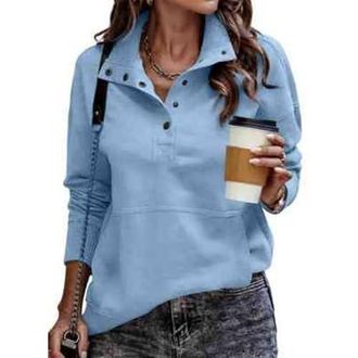 Generic Sweat-shirt décontracté à manches longues pour femme, bouton tendance, couleur unie, poche lâche, bleu ciel, XXL