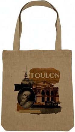 Fabulous Sac Shopping Tote Bag Aspect Lin - Toulon Collage Ville France Soleil Plage - Sac de Courses Toile Epaisse 360g Beige Naturel Cabas Port&eacute; Epaule Solid