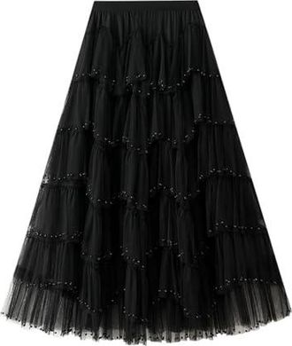 Generic Jupe tutu longue pour femme, jupe en tulle pour femme, jupe de gâteau multicouche, taille haute, jupe en maille, jupe décontractée à paillettes, jupe 