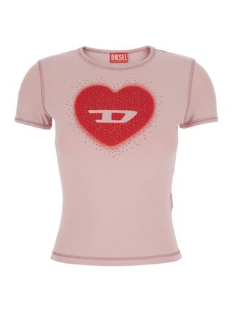 Diesel Beaded Heart Logo Print T-Shirt - Pink