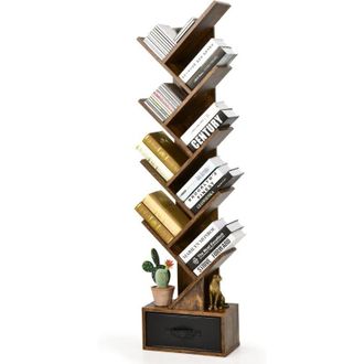 Costway Costway - Bibliothèque à 10 Niveaux en Forme Arbre avec Tiroir Tissu Pliable Style Industriel, Bibliothèque Meuble de Rangement pour Salon, Bureau