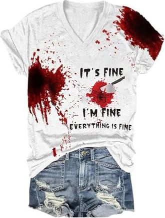 Generic T-Shirt d&eacute;contract&eacute; pour Femme avec col en V et Manches Courtes, Halloween, Sanglant et Horrible, avec imprim&eacute; de Taches de Sang Ailes dange Noir Gran