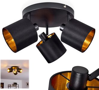 HOFSTEIN Deckenleuchte Alsen, runde Deckenlampe aus Metall/Stoff in Schwarz/Gold, 3-flammig, mit verstellbaren Strahlern, 3 x E14, Spot mit Stoff-Schirmen im R