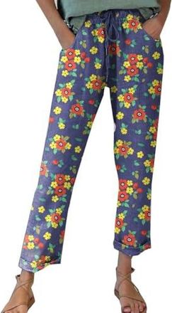 Generic Pantalon L&eacute;ger Femme en Lin D&eacute;contract&eacute; Fluide Ceinture &Eacute;lastiqu&eacute;e Femme Taille Haute Poche Automne Lin Imprim&eacute; Pantalons D&eacute;contract&eacute;s Linen Pants Wom