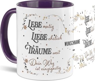 Tassendruck Tasse mit Name und Spruch - Lebe, Liebe, Träume - Personalisiertes Geschenk zur Jugendweihe, Konfirmation, Kommunion - Keramiktasse, 300 ml, Innen & H